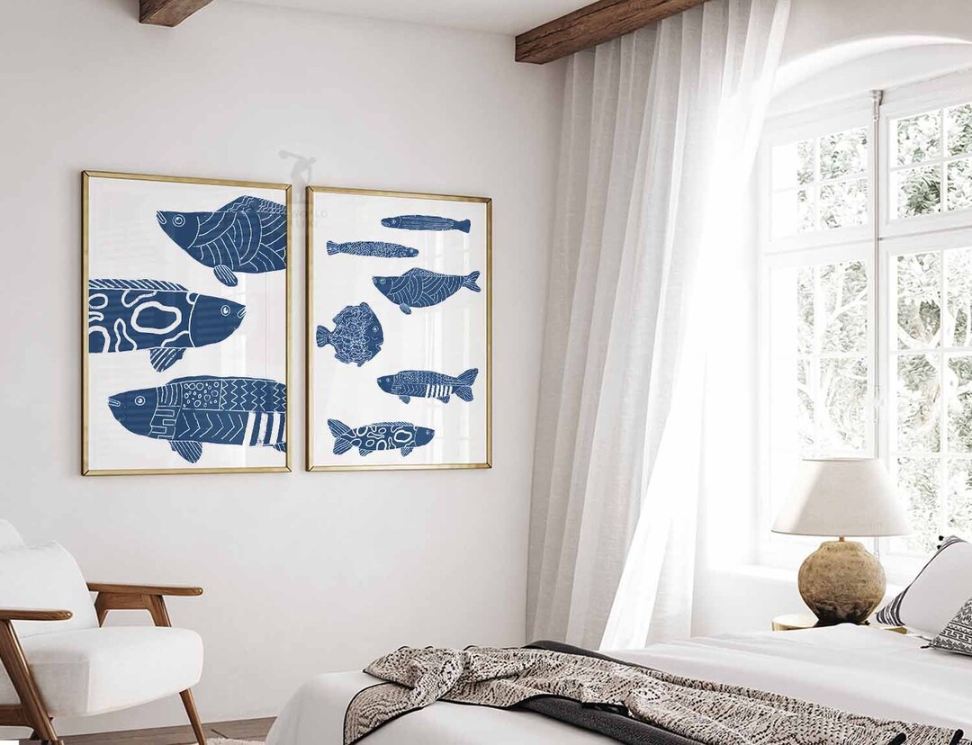 Set of 2 Blue Fish Posters, Set of 2 Fish Prints, Sea Life Art, Ocean ...