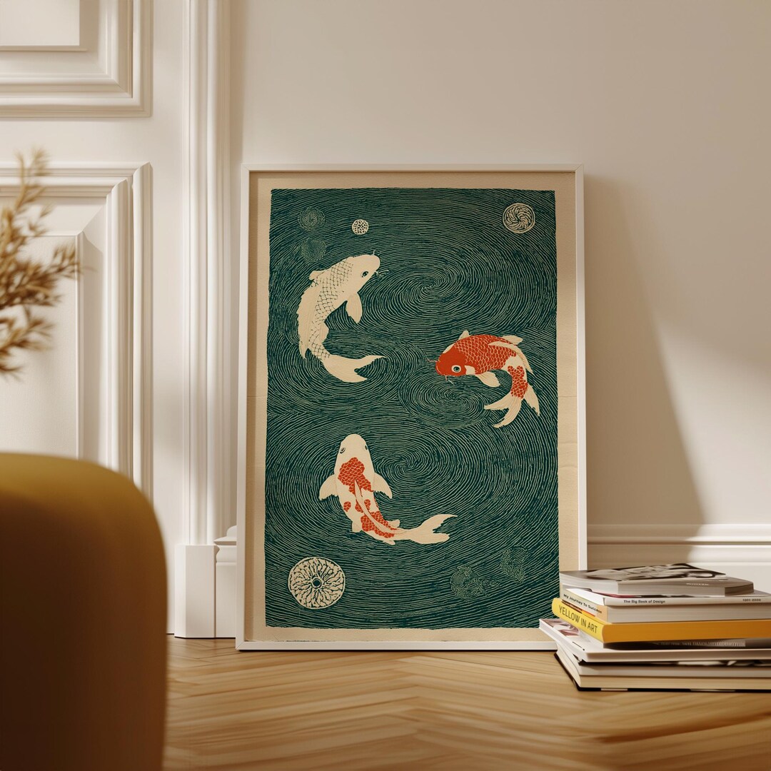 Koi Fish Print in Japanese Woodblock Lino Style Green Cream ...