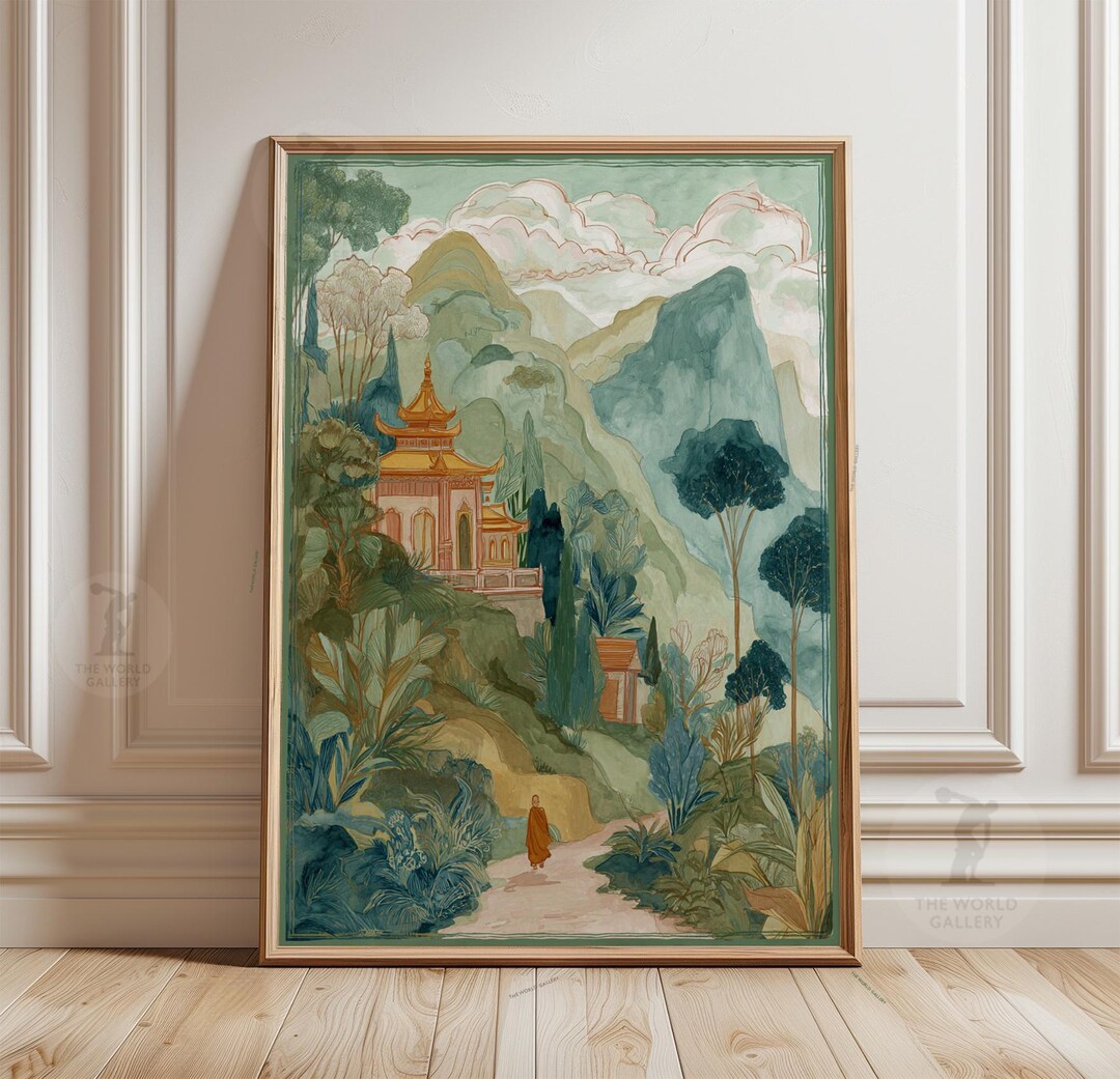 Asian Temple Poster | Vintage Landscape Wall Art | Mountain Path Print ...