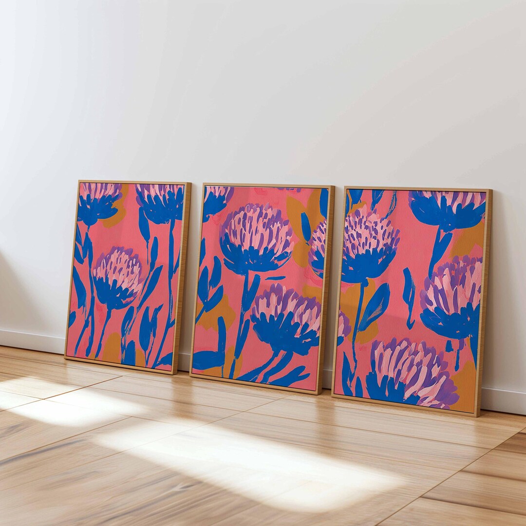 Bold Floral Wall Art Set of 3, Pink and Blue Botanical Prints, Modern ...