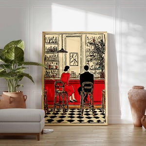 Romantic Bar Scene Art Print, Vintage Couple Poster, Retro Cocktail Bar ...