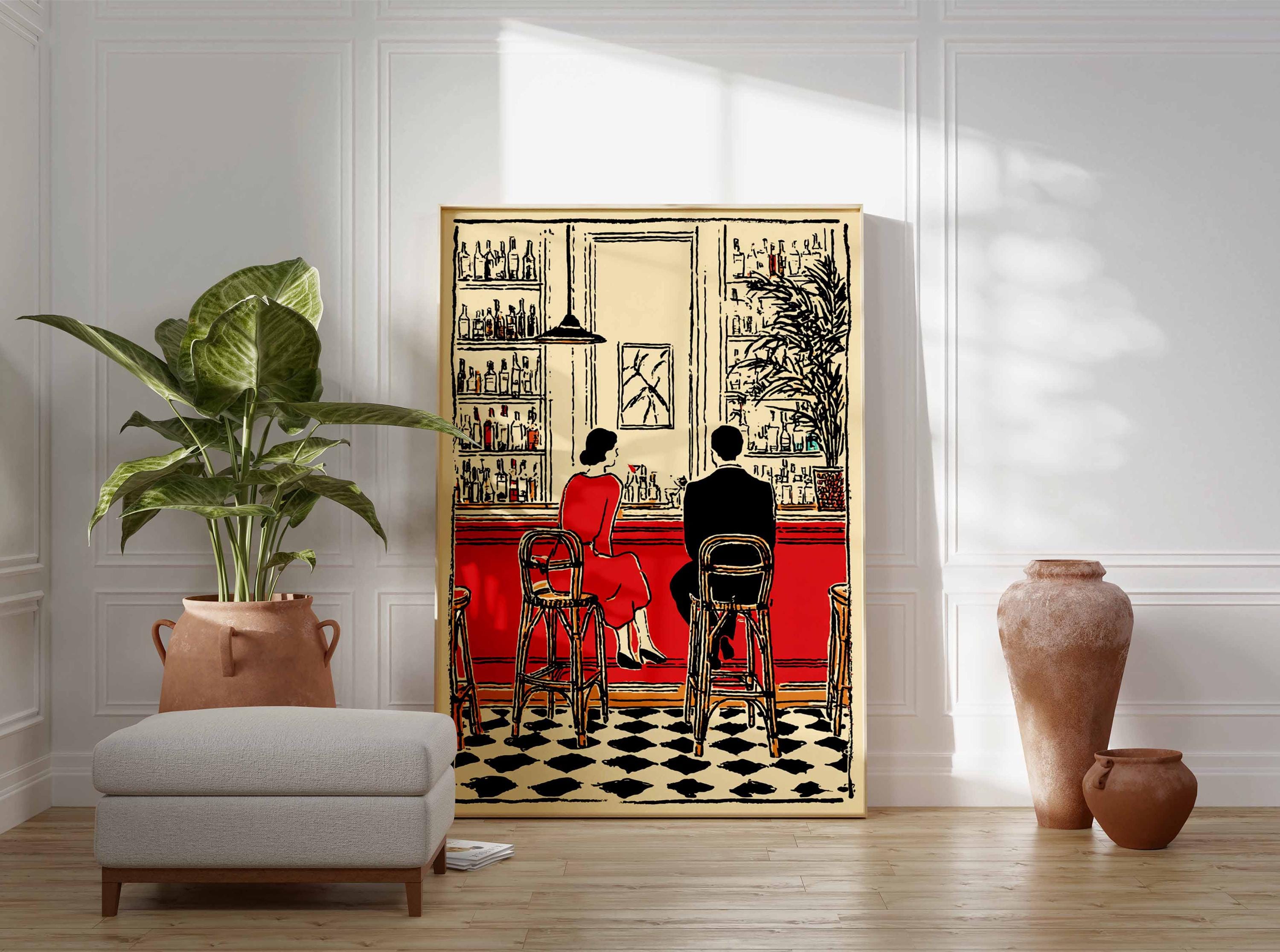 Romantic Bar Scene Art Print, Vintage Couple Poster, Retro Cocktail Bar ...