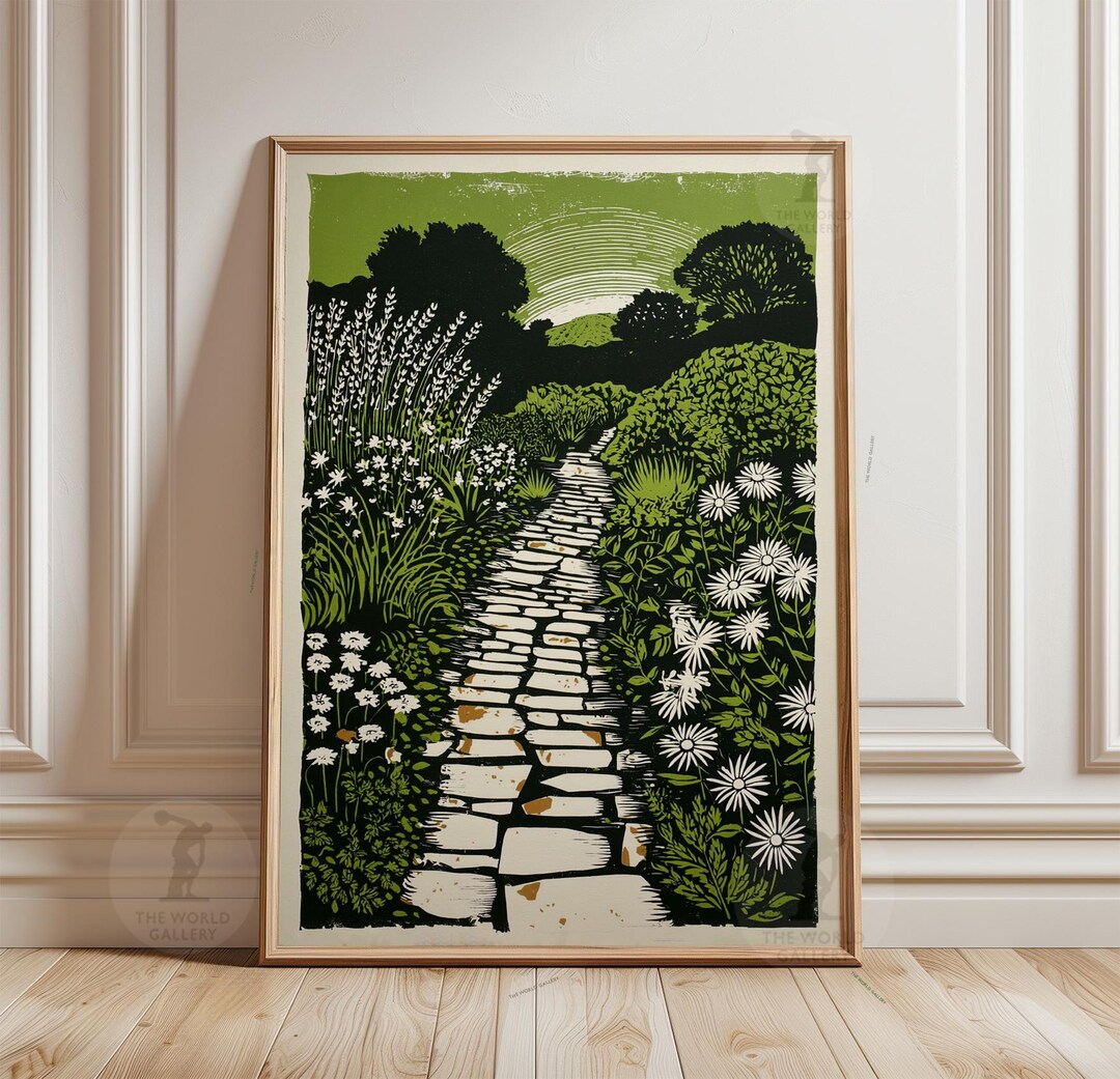 Garden Stone Path Poster | Green Cottage Landscape Wall Art Print ...