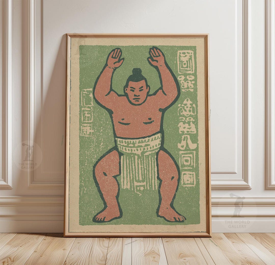 Sumo Wrestler Poster, Green Red Linocut Style, Paper Wall Art - Etsy