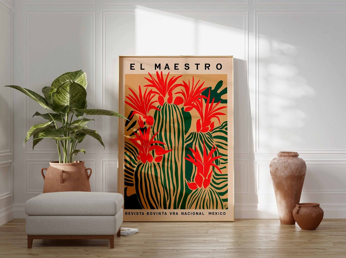 Vintage Mexican Cactus Poster, Colourful Mexican Art Prints, Mexican ...