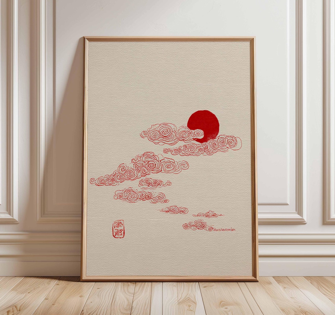 Japanese Red Sun Wall Art Print, Minimalist Asian Cloud Poster, Zen ...