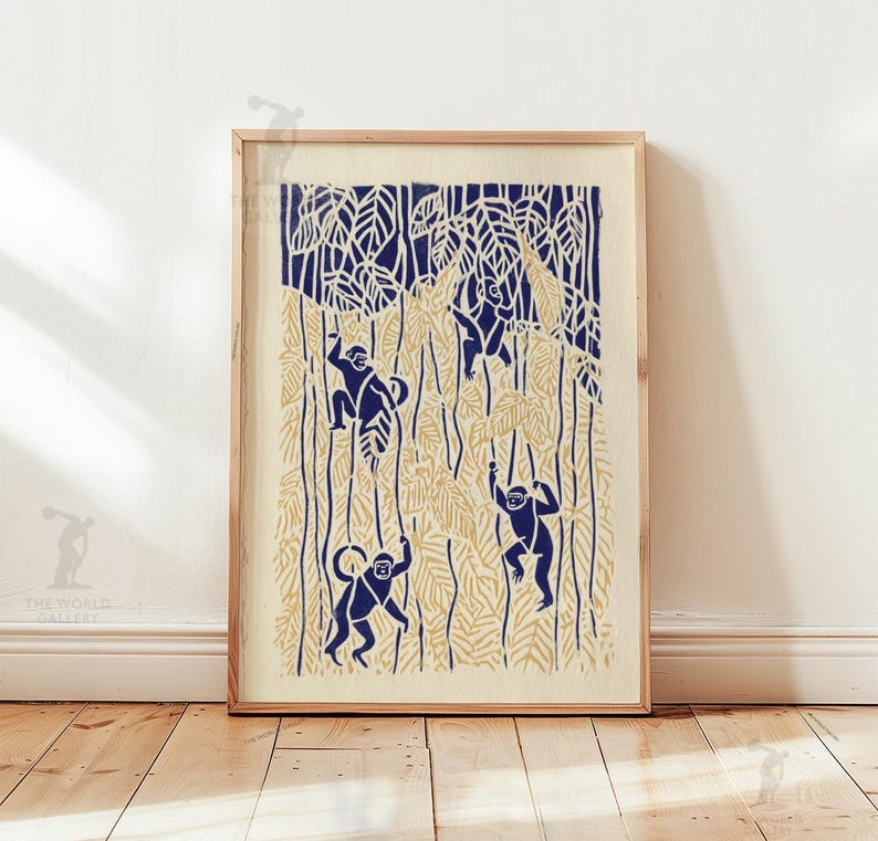 Indigo Monkey Jungle Print | Mid-century Linocut Style Poster - Etsy