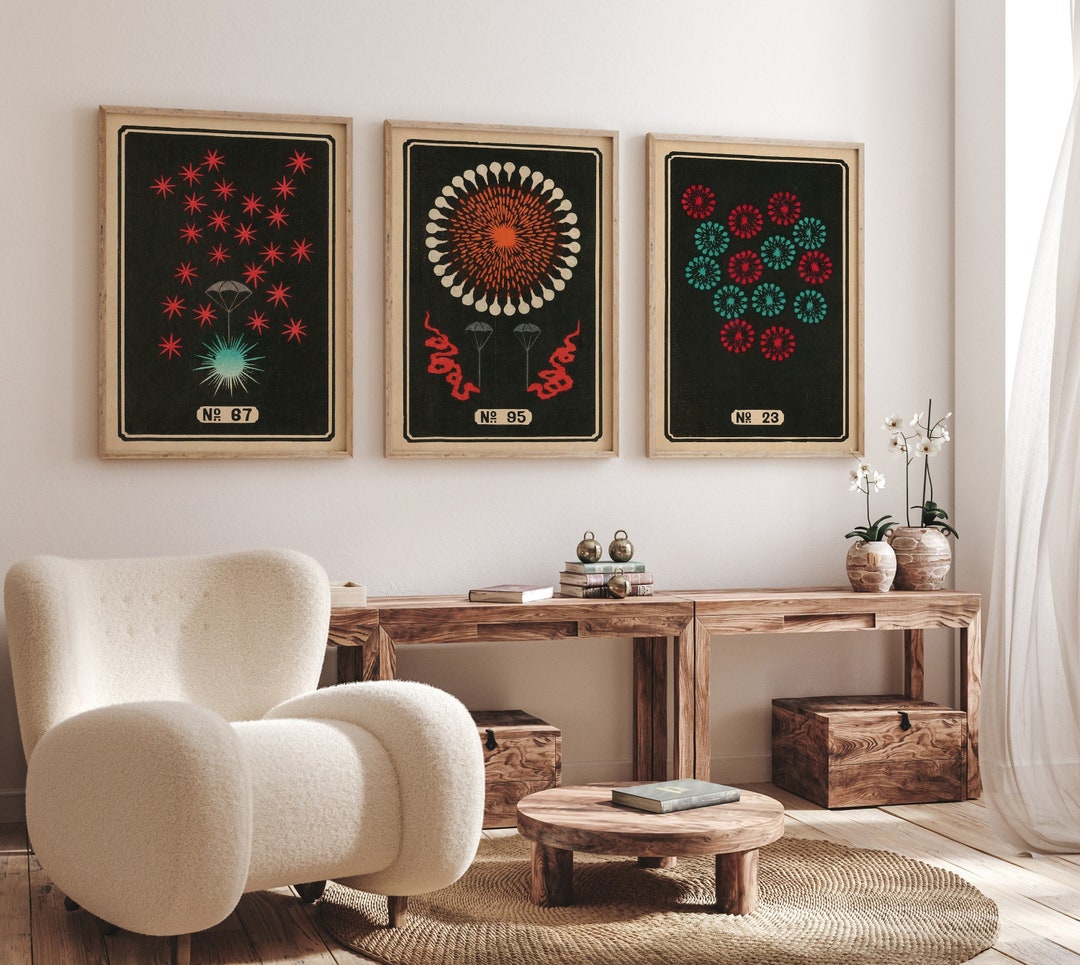 Japanese Fireworks Poster, Set of 3, Vintage Art Print, Japanese Decor ...