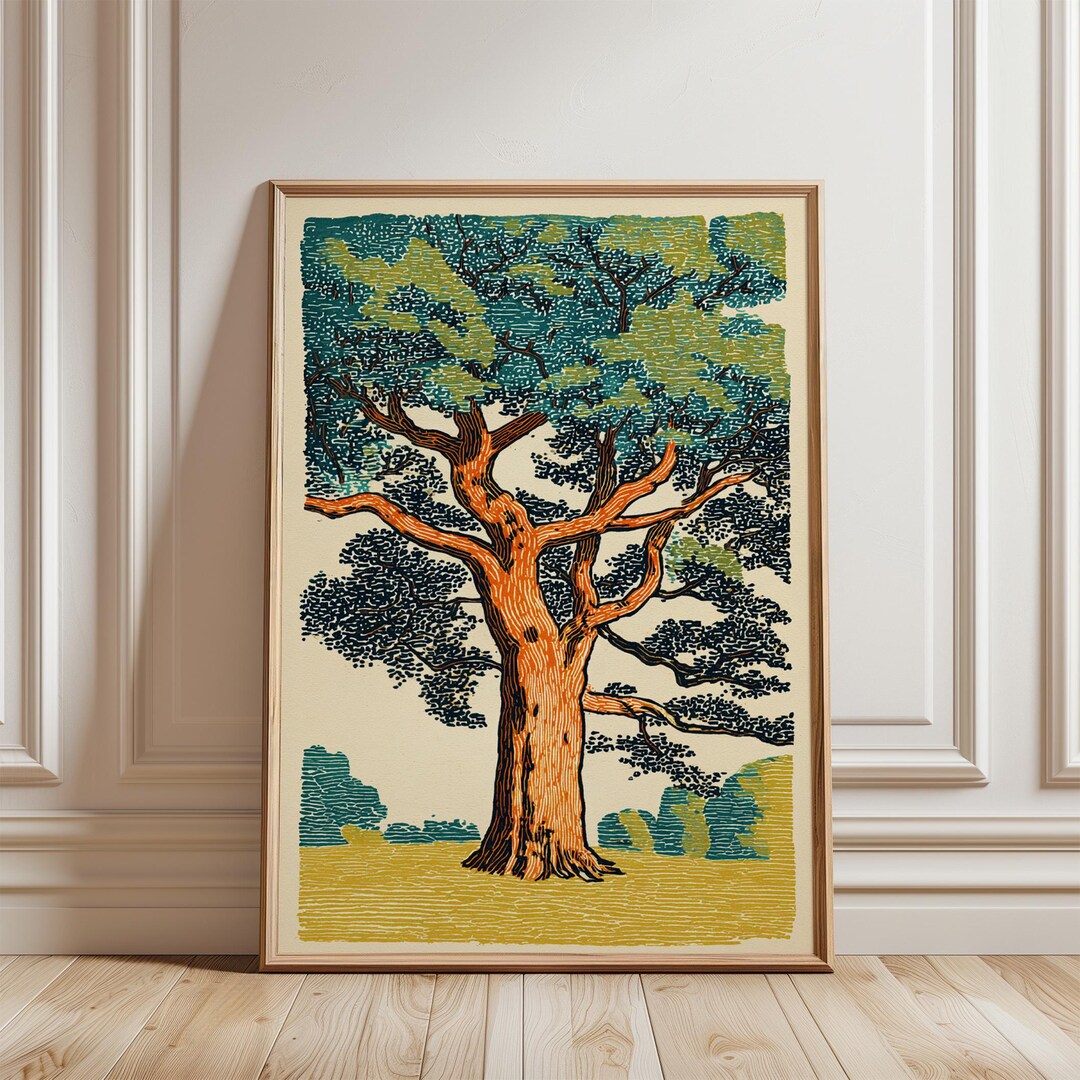 Branching Green Blue Foliage Tree Poster, Woodcut Style With Orange ...