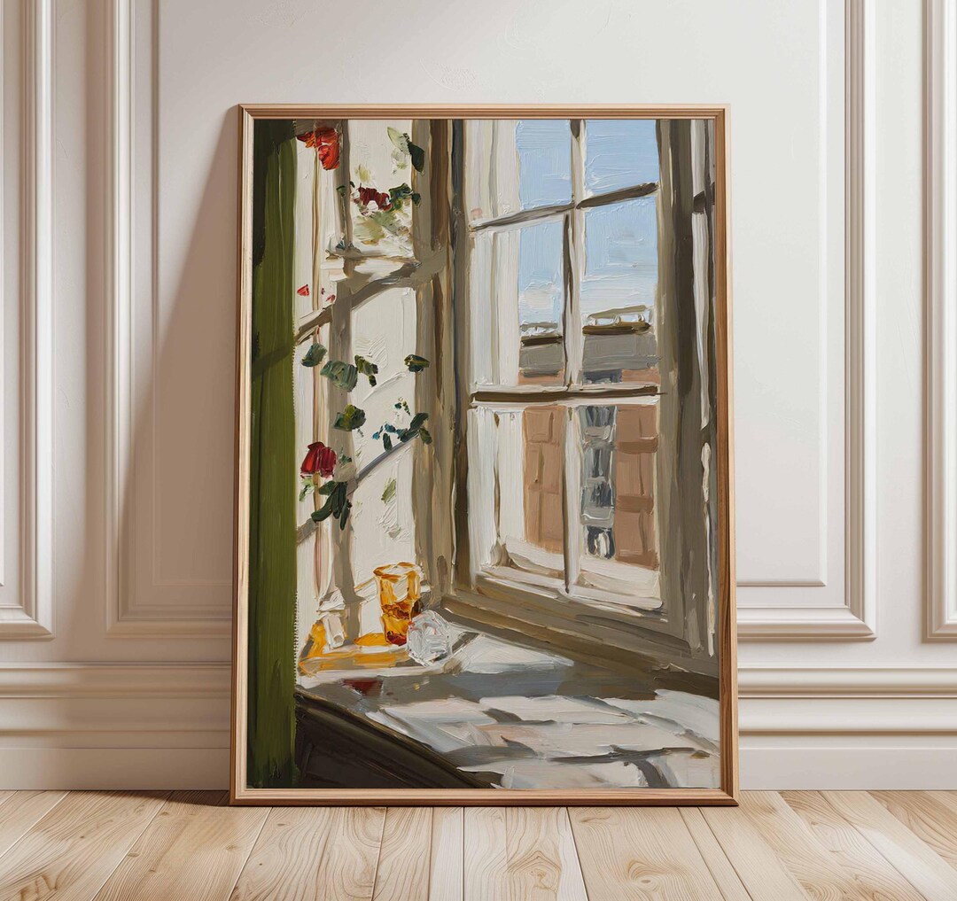 Sunlit Window Oil Painting Print – Cozy Home Decor, Still Life Wall Art ...