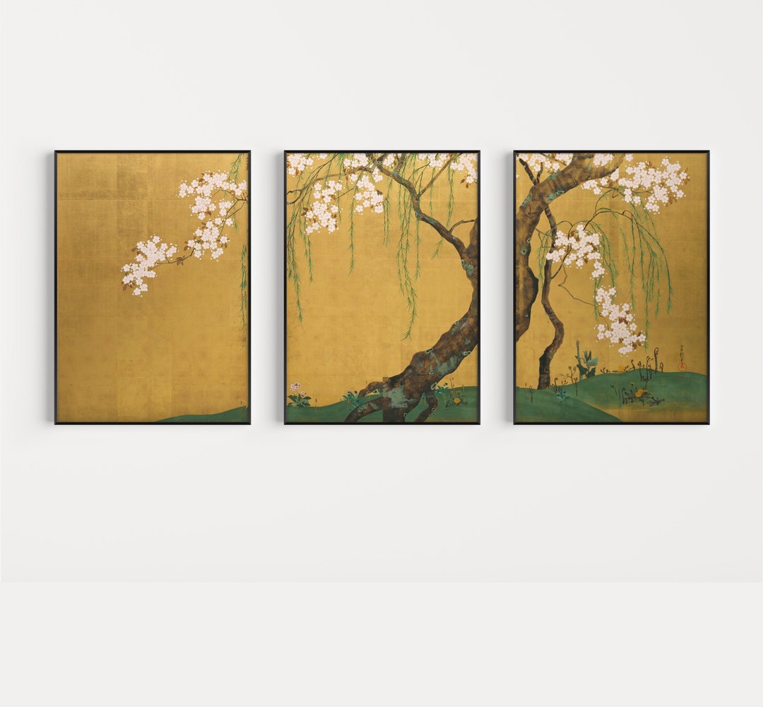 Japanese Set of 3 Posters, Evening Cherry Blossom Tree, Japanese Art ...