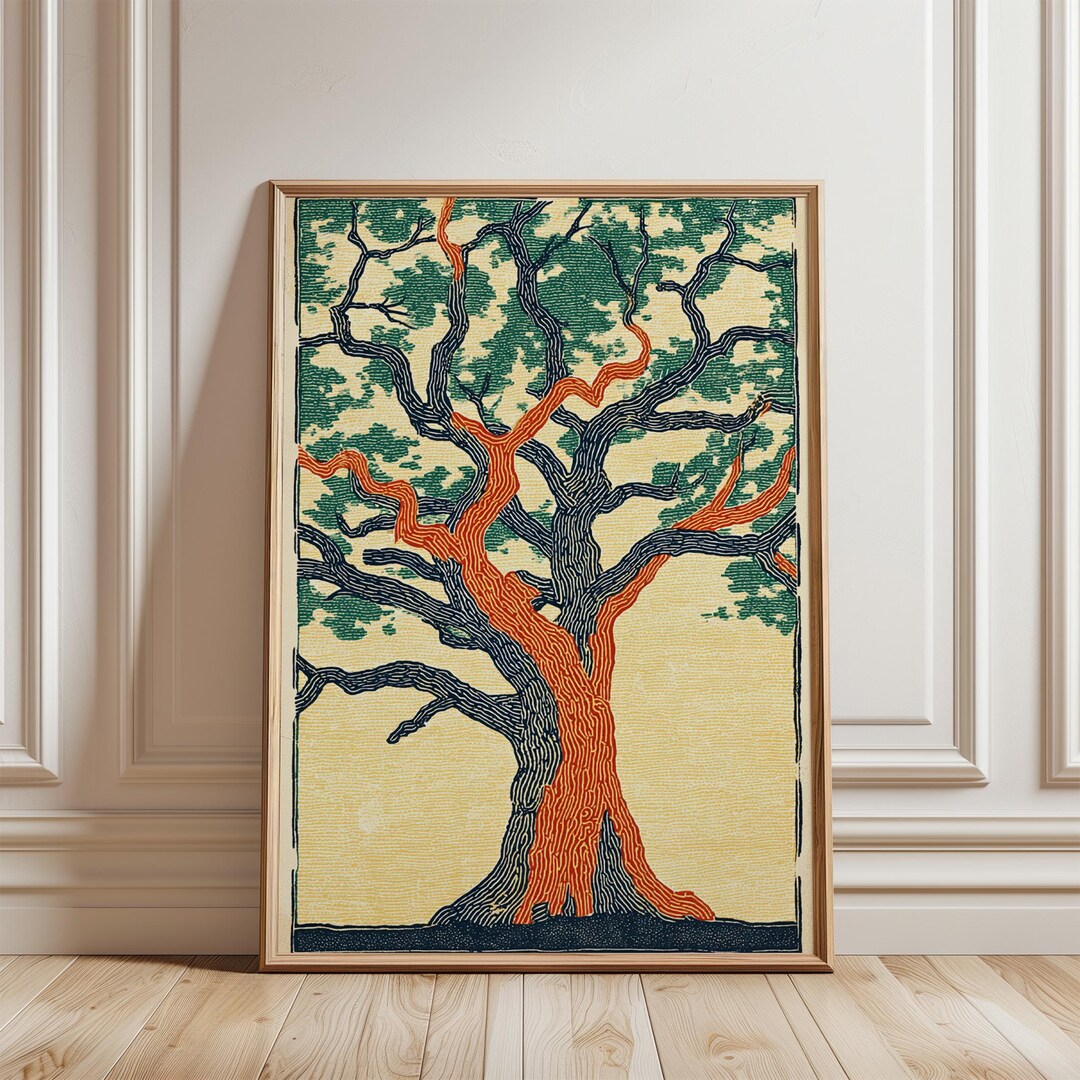 Branching Green Blue Foliage Tree Poster, Woodcut Style With Orange ...