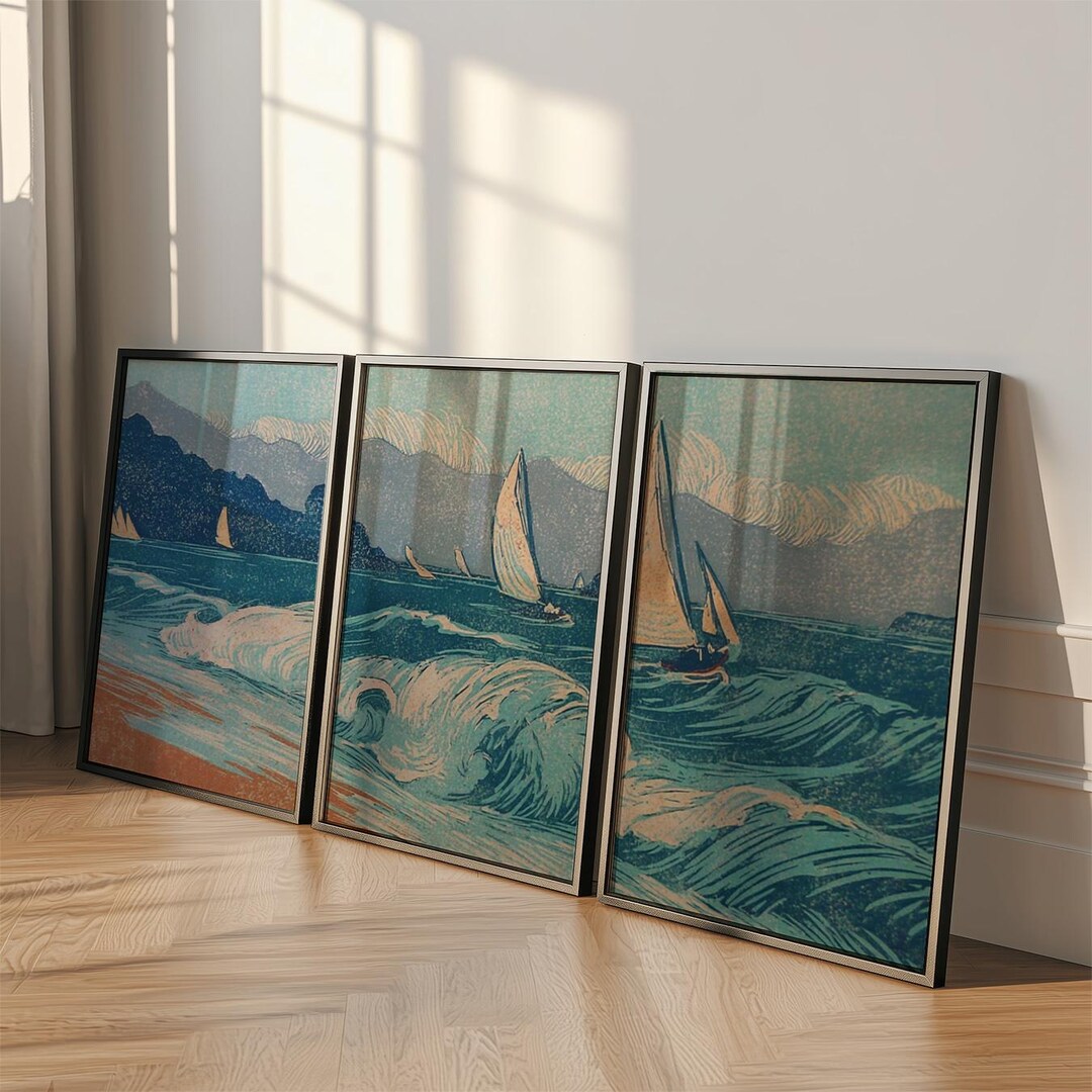 Sailboat Waves Poster Set of 3 Vintage Nautical Style Wall Art - Etsy