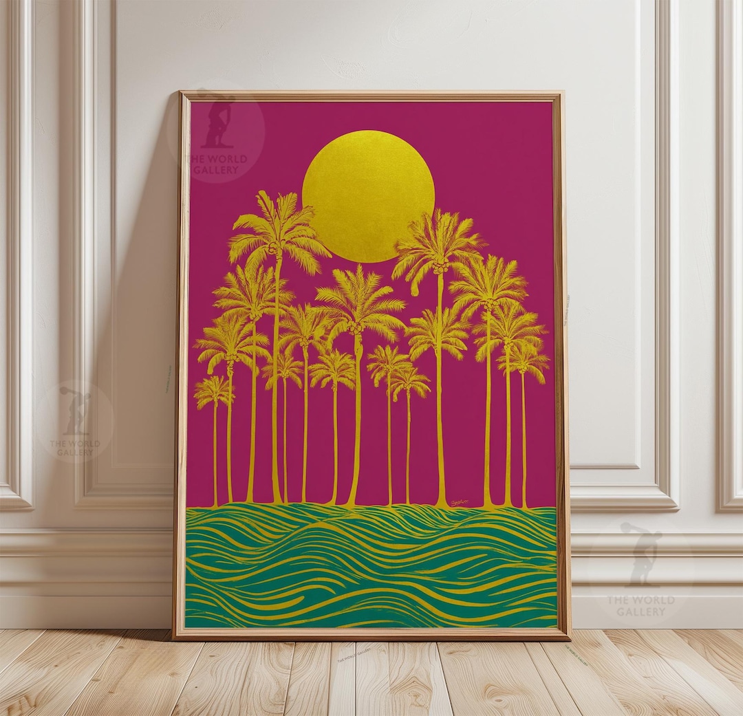 Palm Tree Sunset Poster | Retro Tropical Beach Illustration Wall Art ...