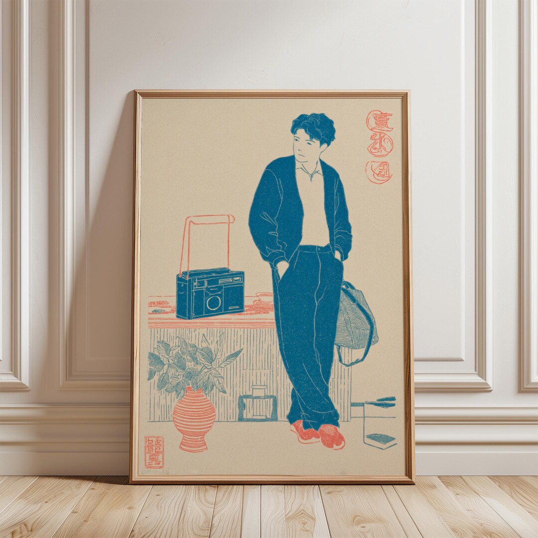 Mid Century Figure Poster | Blue Red Line Illustration | Modern ...