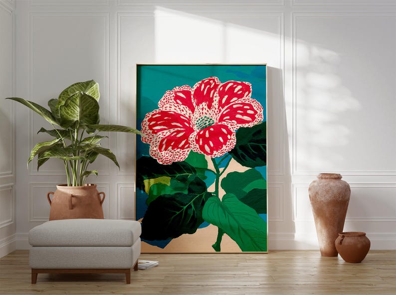 Rafflesia Flower Poster | Red Botanical Illustration | Teal Background ...
