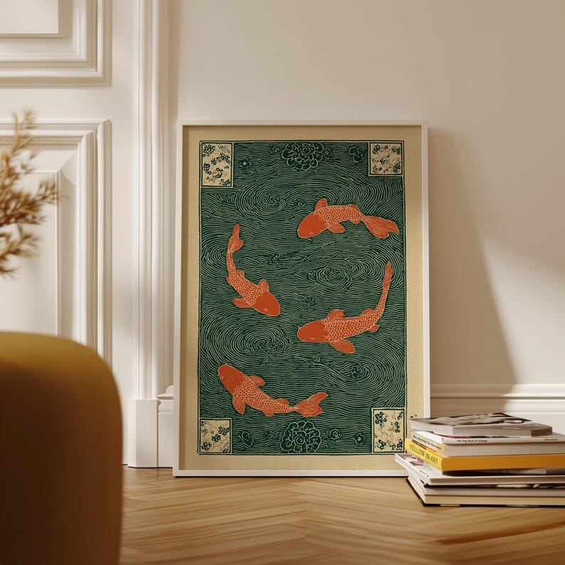 Koi Fish Print in Japanese Woodblock Lino Style Green Cream ...