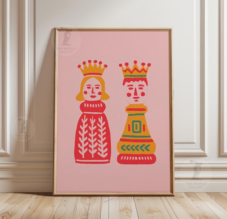 Queen King Chess Poster | Pink Red Folk Art Print | Minimal Game Wall ...