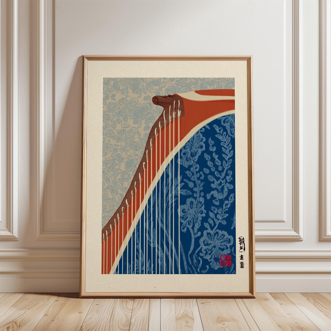 Blue Red Guzheng Poster | Chinese Instrument Illustration | Vintage ...