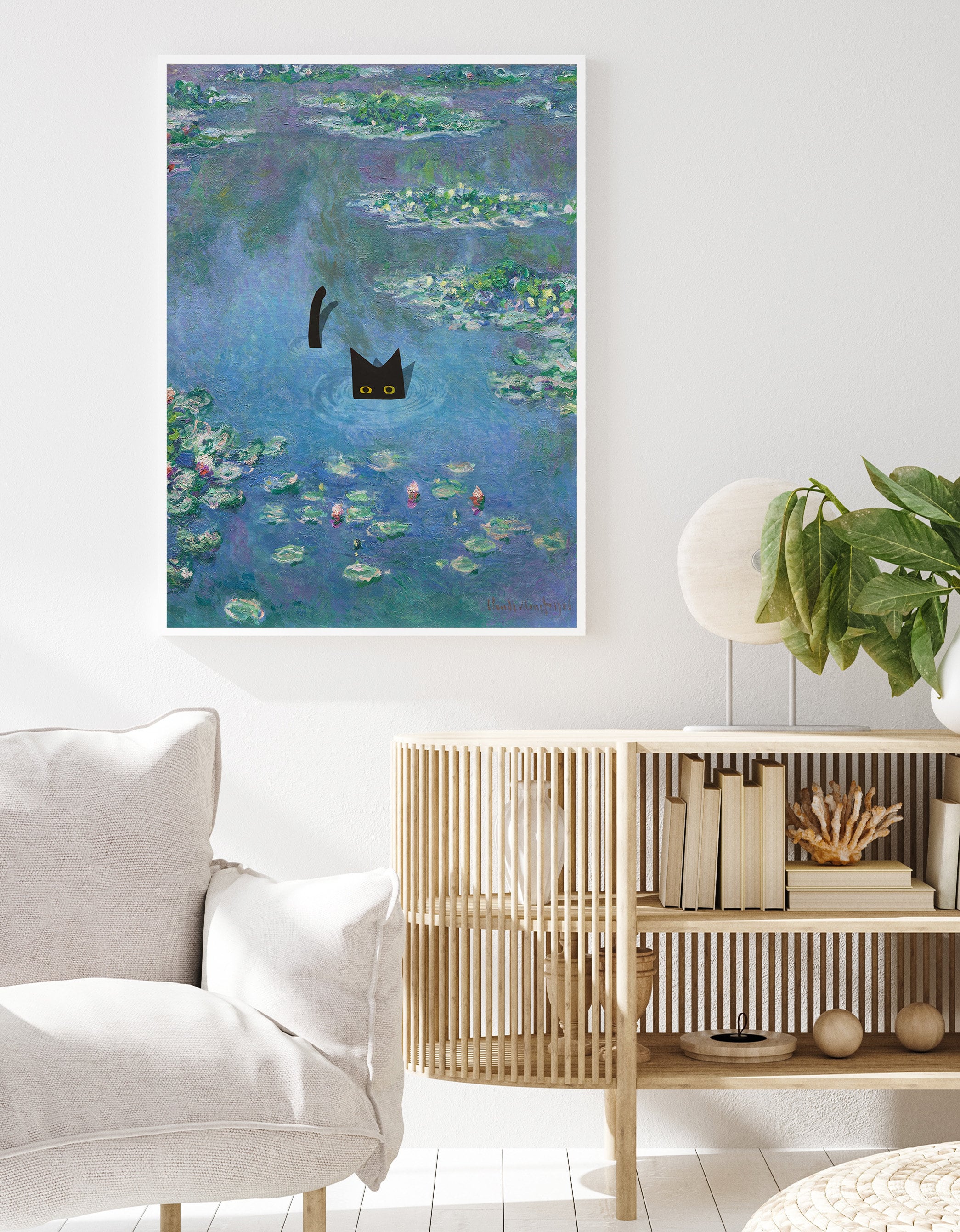 Monet Waterlily Cat Print, Claude Monet Cat Poster, Cat Art, Floral ...