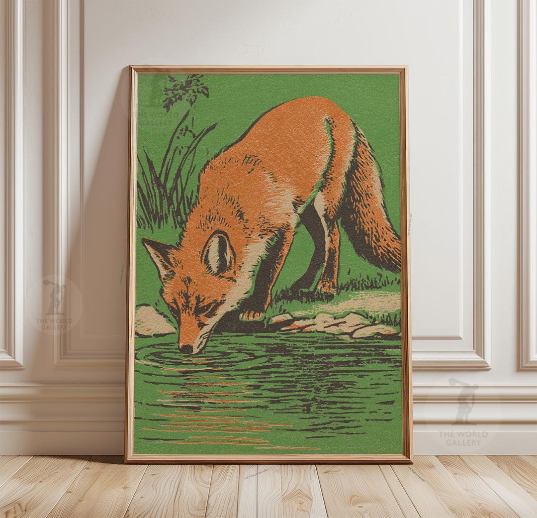 Fox Stream Poster, Green Nature Art, Linocut Animal Print - Etsy