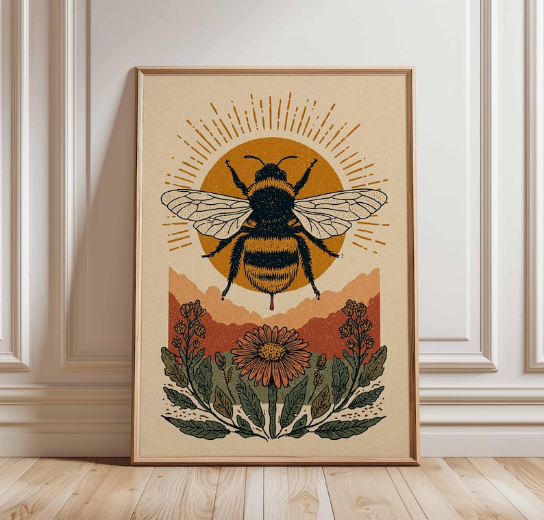 Celestial Bee Art Print, Vintage Poster, Cottagecore Decor, Honeybee ...