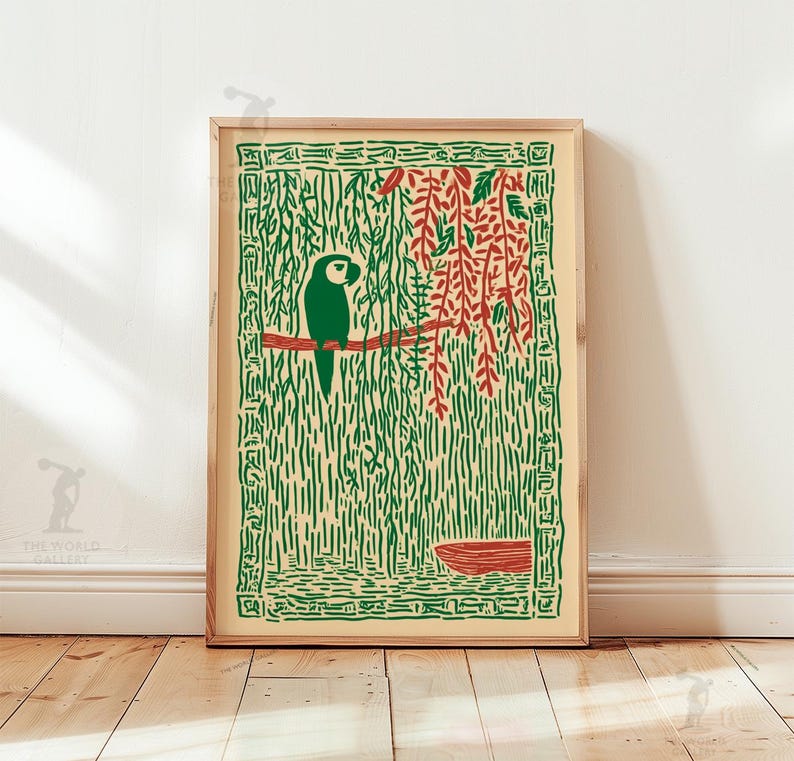 Tropical Parrot Art Print | Red Macaw Jungle Botanical Illustration ...