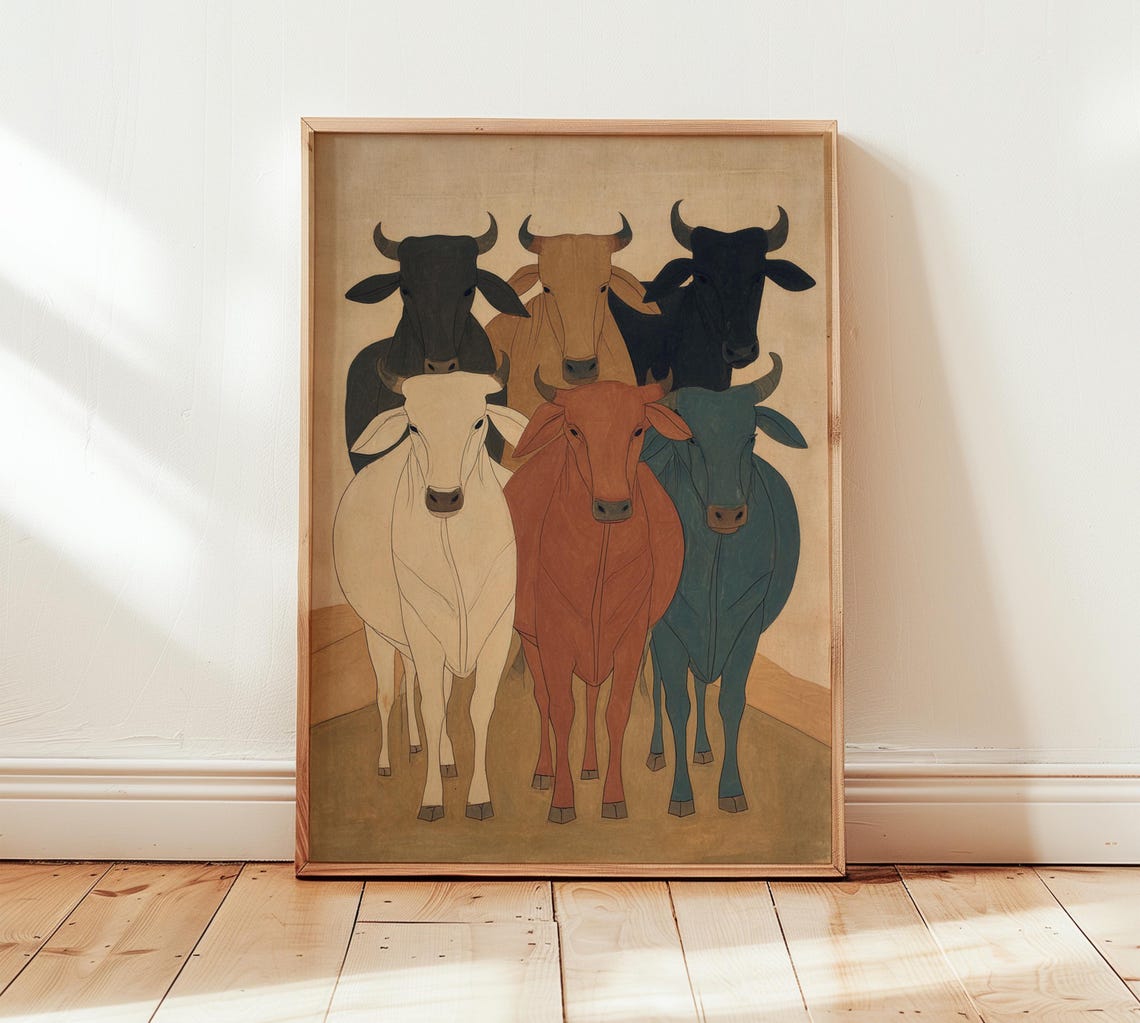 Pastoral Indian Cow Art Print, Vintage Rural Painting, Folk Animal Wall ...