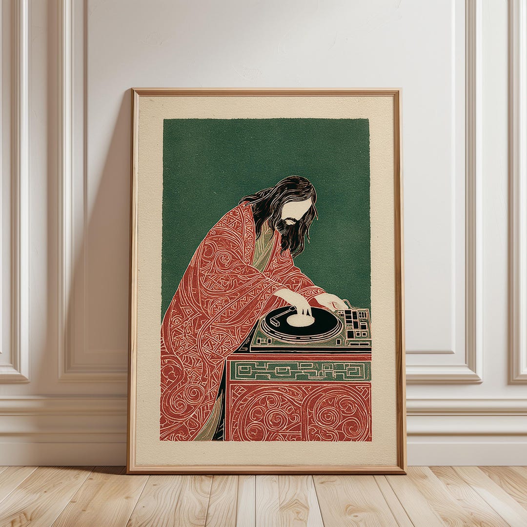 Jesus DJ Woodblock Poster, Retro Music Wall Art - Etsy