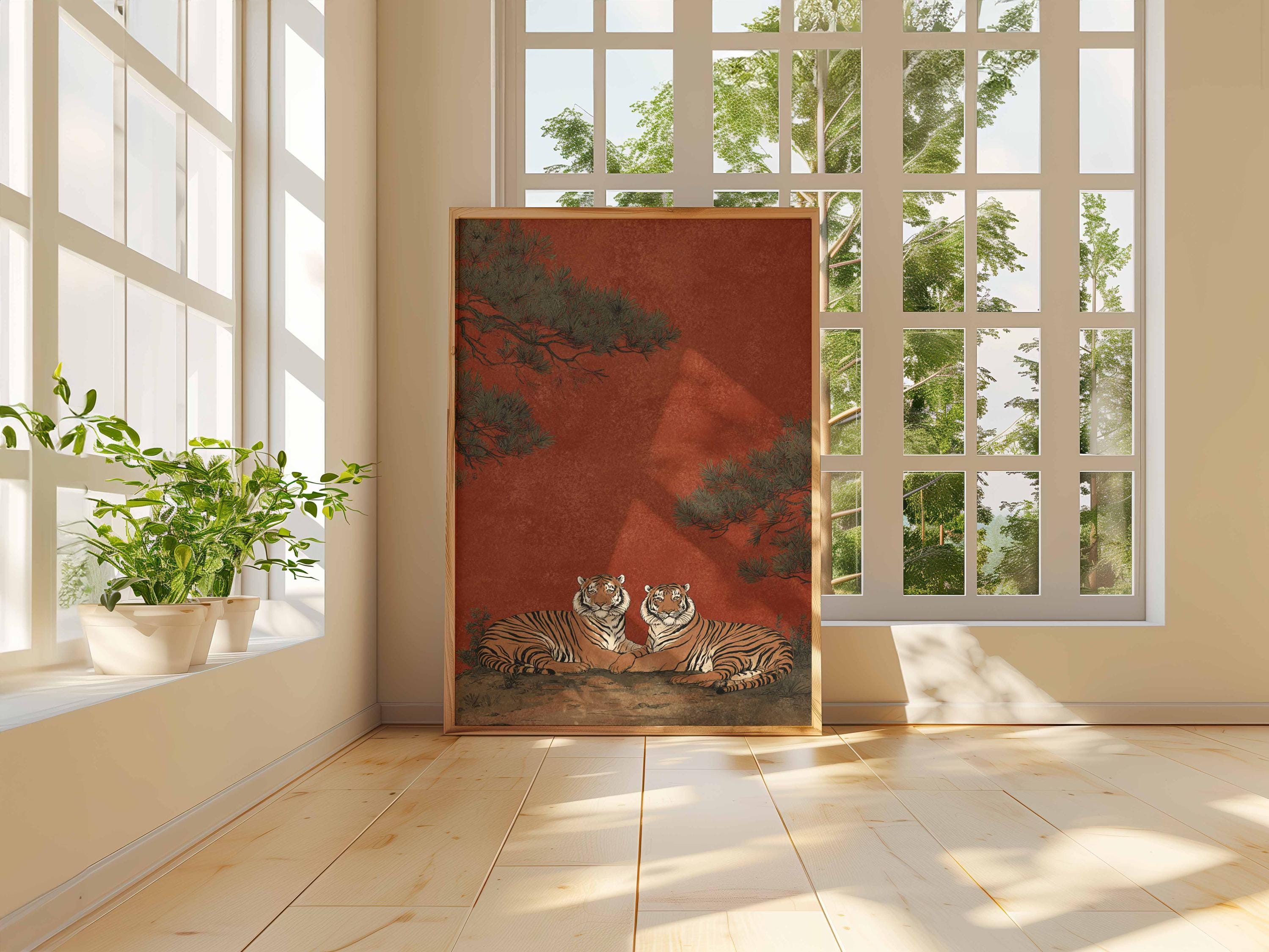 Japanese Tiger Poster, Vintage Wildlife Art Print, Red Oriental Wall ...