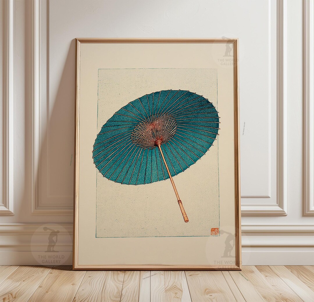 Japanese Wagasa Umbrella Poster Print | Teal Paper Parasol Illustration ...