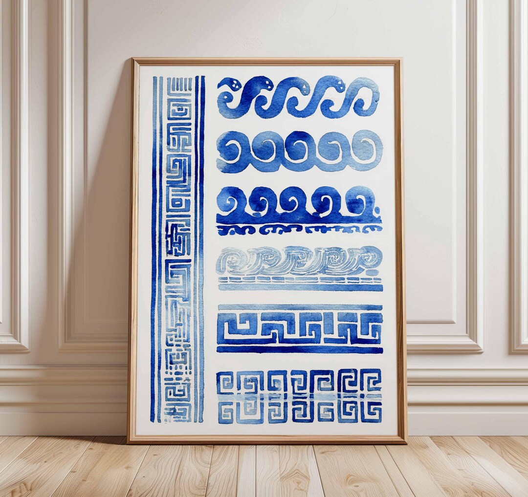 Blue Greek Pattern Art Print, Blue Pattern Wall Art, Hellenic Geometric ...