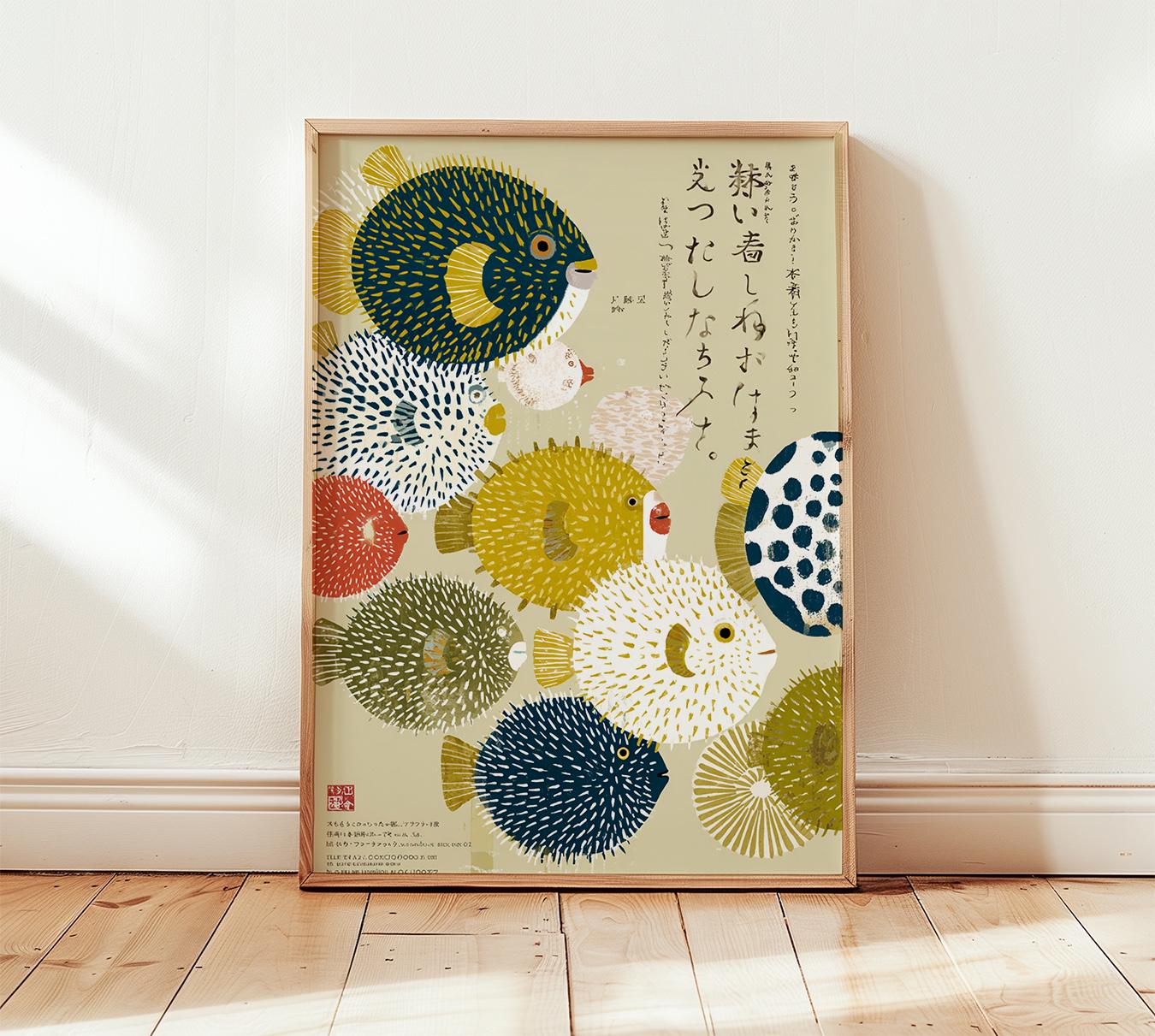 Japanese Pufferfish Art Print, Mid Century Modern Wall Art, Colorful ...