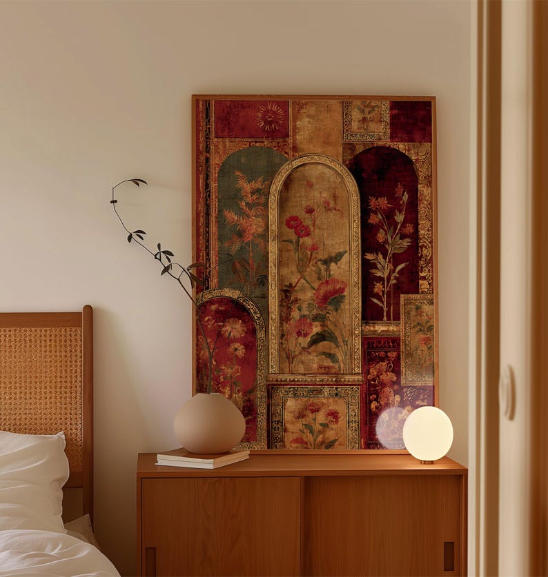 Persian Floral Arch Pattern in Red and Gold Tones, Persian Wall Decor ...