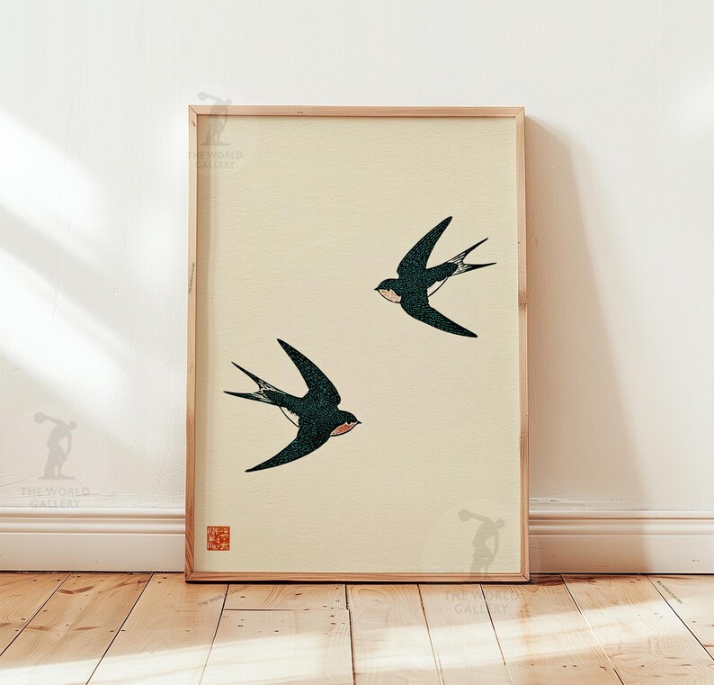 Japanese Swallow Bird Poster | Minimalist Teal Nature Illustration ...