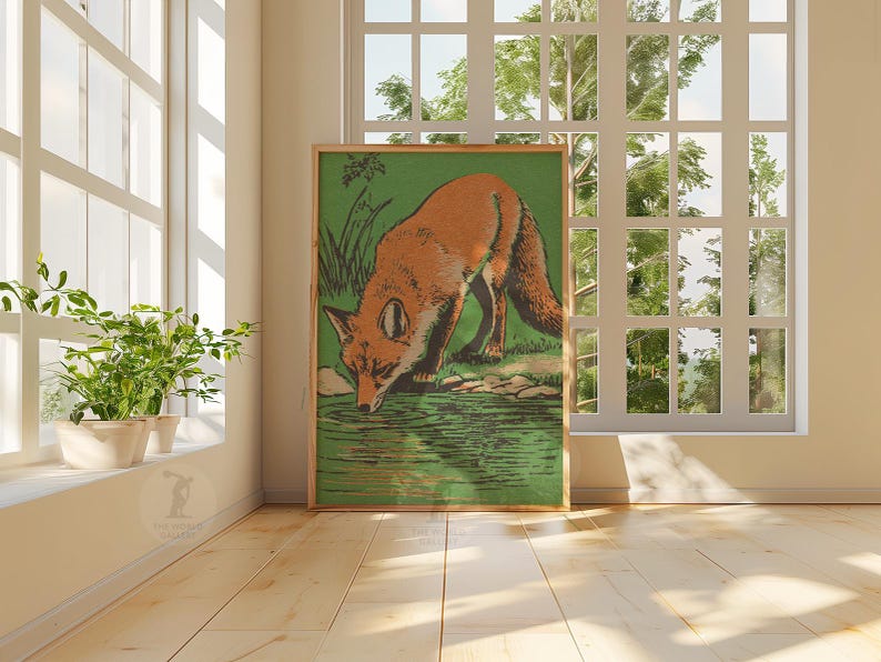 Fox Stream Poster, Green Nature Art, Linocut Animal Print - Etsy UK