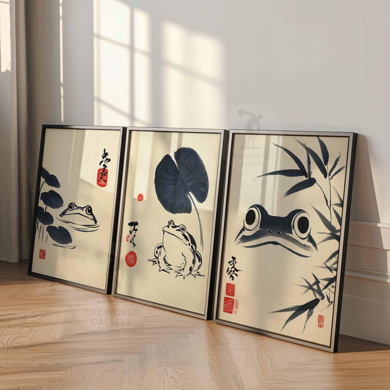 Set of 3 Japanese Ink Frog Posters, Zen Frog Wall Art, Minimalist ...
