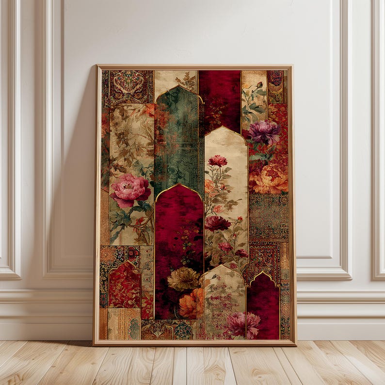 Persian Floral Arch Pattern in Red and Gold Tones, Persian Wall Decor ...