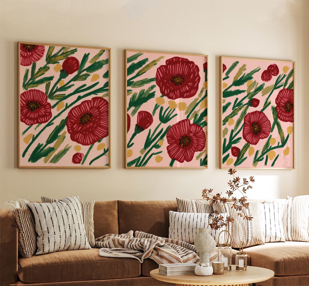 Pink Floral Poster Set | Red Poppy Flower Wall Art | Modern Botanical ...