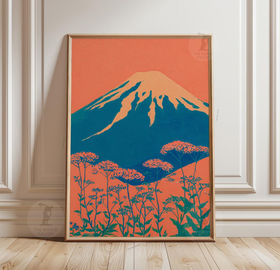 Japanese Style Botanical Landscape Wall Art | Coral and Teal Mountain ...