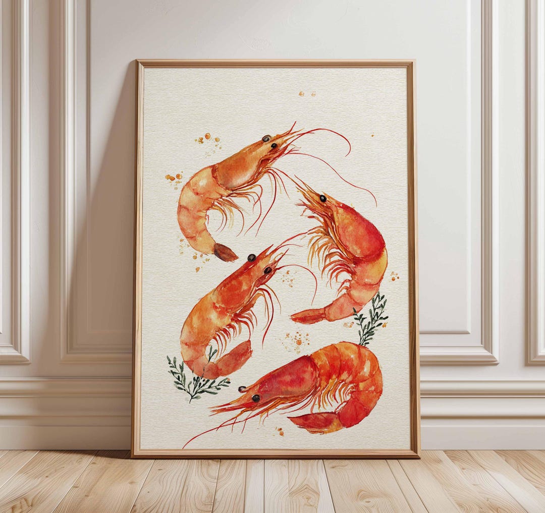 Shrimp Poster, Seafood Kitchen Art, Watercolor Prawn Print, Nautical ...