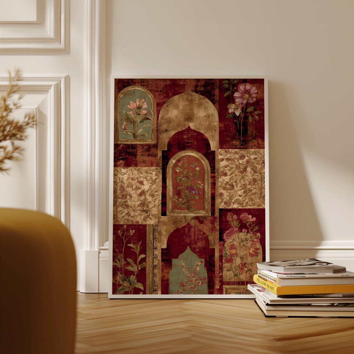 Persian Floral Arch Pattern in Red and Gold Tones, Persian Wall Decor ...