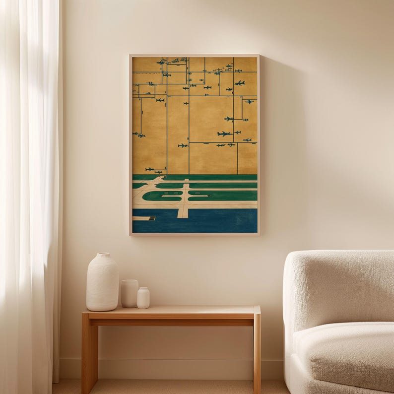 Yellow Blue Airport Diagram Poster | Abstract Runway Map Illustration ...