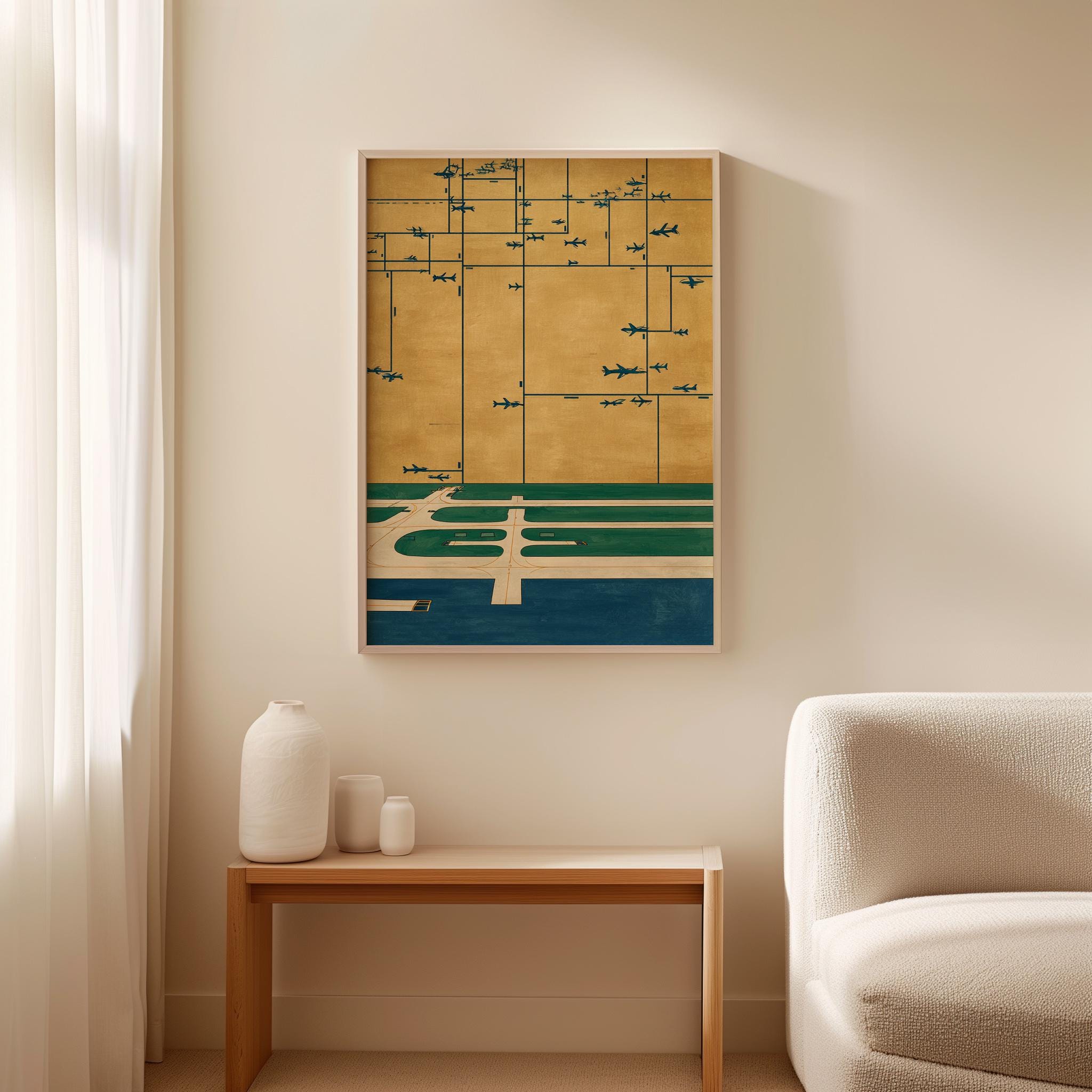 Yellow Blue Airport Diagram Poster | Abstract Runway Map Illustration ...