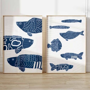 Set of 2 Blue Fish Posters, Set of 2 Fish Prints, Sea Life Art, Ocean ...