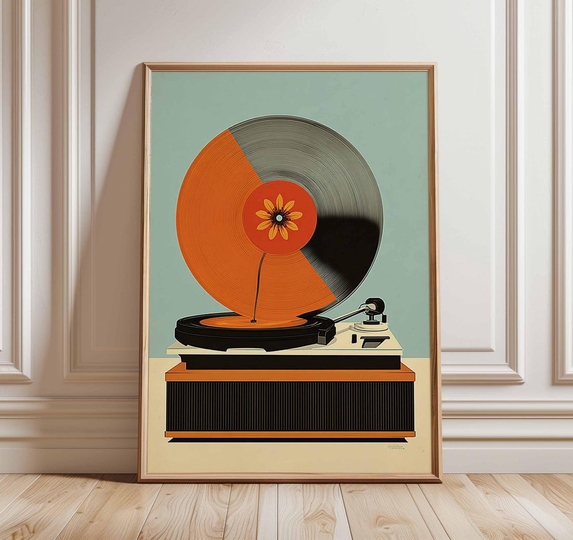 Vintage Record Player Wall Art, Retro Vinyl Flower Poster, Mid Century ...