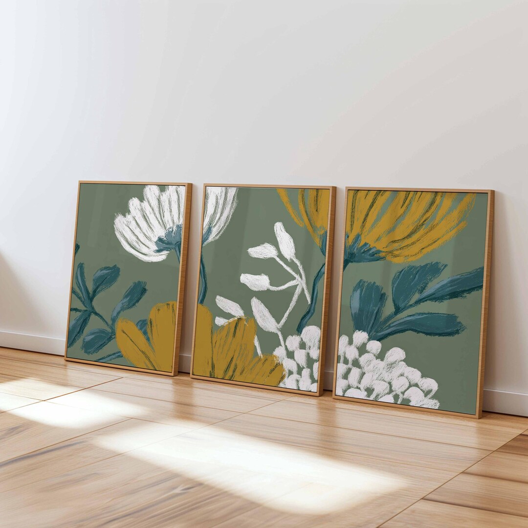 Modern Floral Wall Art Prints Set of 3, Mustard Yellow and Teal ...