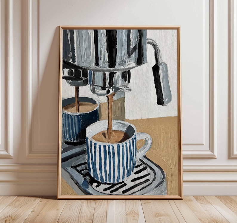 Espresso Machine Art Print | Striped Mugs, Cozy Cafe Decor - Etsy
