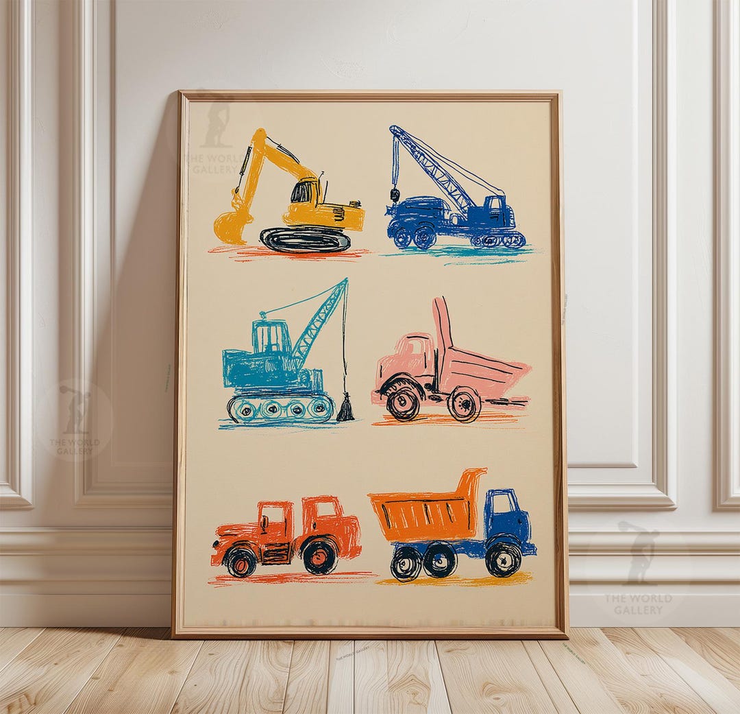 Construction Vehicles Poster | Kids Truck Wall Art | Digger Crane ...