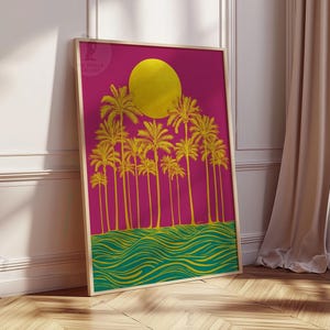 Palm Tree Sunset Poster | Retro Tropical Beach Illustration Wall Art ...